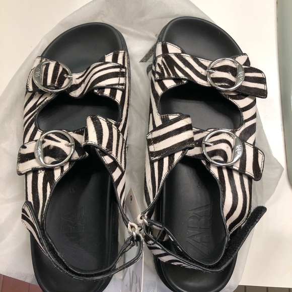 Zara | Shoes | Zara Zebra Print Flat Leather Sandals With Buckle | Poshmark